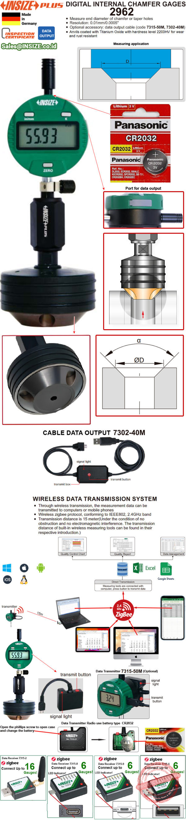 INSIZE 2962 Digital Internal Chamfer Gauge (Resolution; 0.01mm / 0.0005 ...